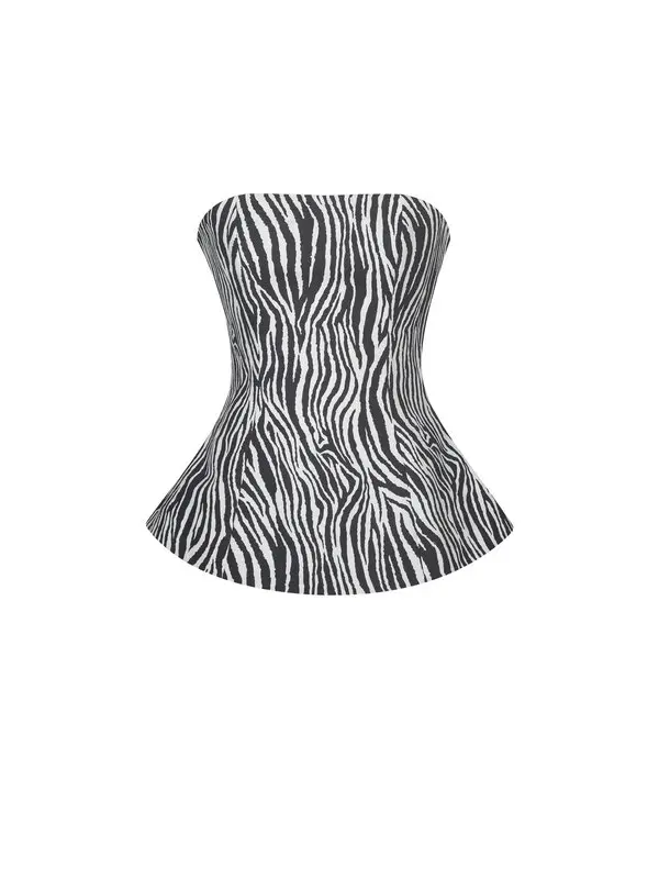 MISS CIRCLE NEW YORK Petrina Zebra Linen Print Sleeveless Peplum Top - Black