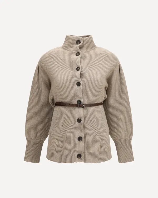 Brunello Cucinelli High Neck Cardigan With Belt - Beige