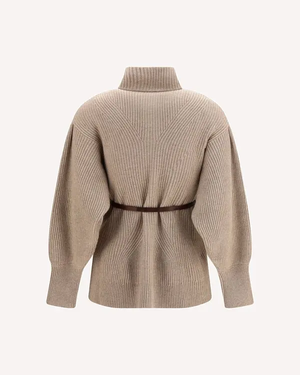 Brunello Cucinelli High Neck Cardigan With Belt - Beige