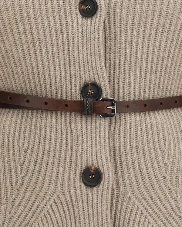 Brunello Cucinelli High Neck Cardigan With Belt - Beige