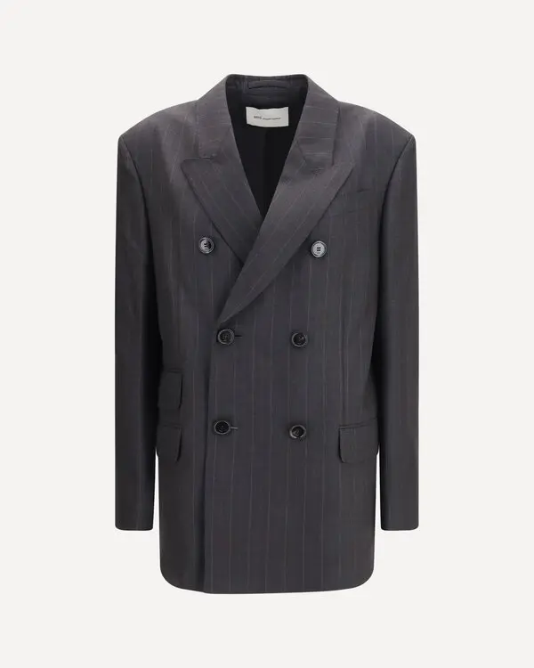AMI Paris Striped Wool Double Breasted Blazer - Grey