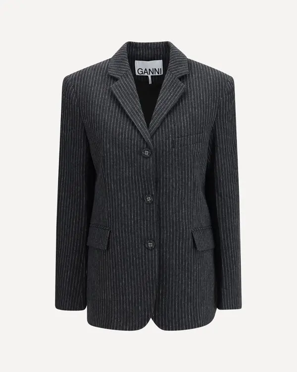 GANNI Pinstripe Wool Blazer - Grey