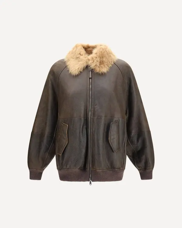 Brunello Cucinelli Vintage-effect Shearling Bomber With Shiny Zipper Pull