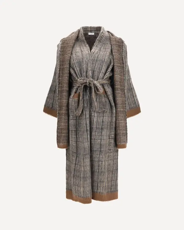 Brunello Cucinelli Prince Of Wales Double-knit Ohair And Wool Coat With Scarf Feale - Brown