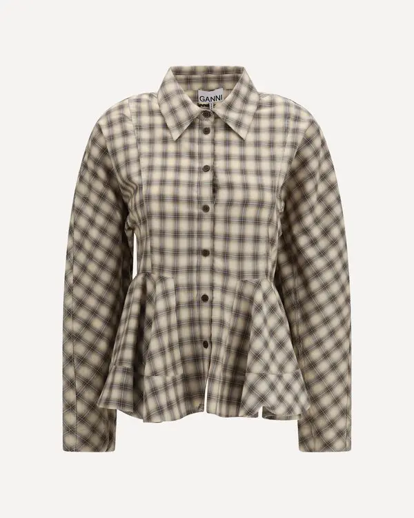 GANNI Check Flannel Peplum Shirt - Beige