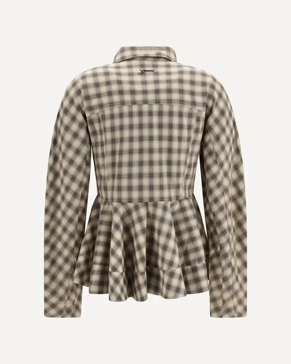 GANNI Check Flannel Peplum Shirt - Beige