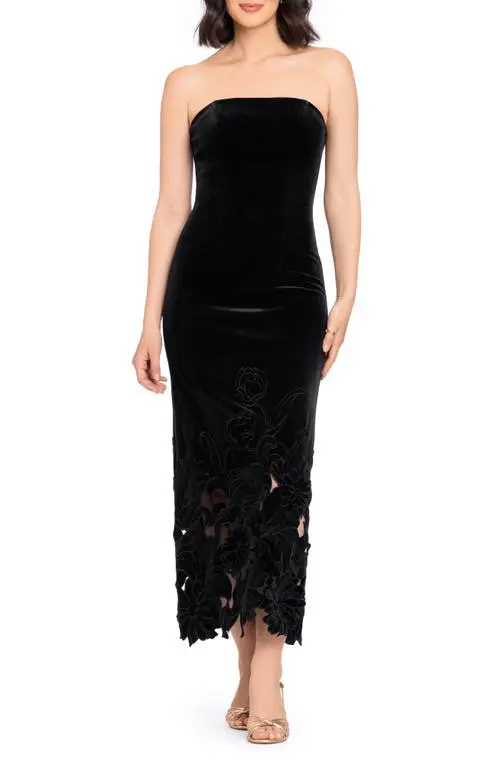 Betsy & Adam Laser Cut Strapless Velvet Gown