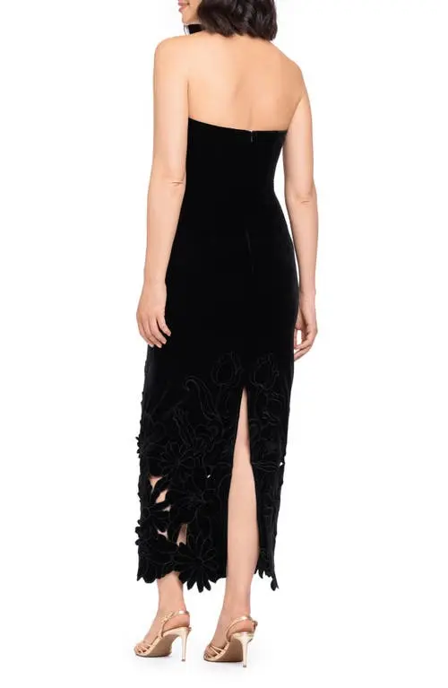 Betsy & Adam Laser Cut Strapless Velvet Gown
