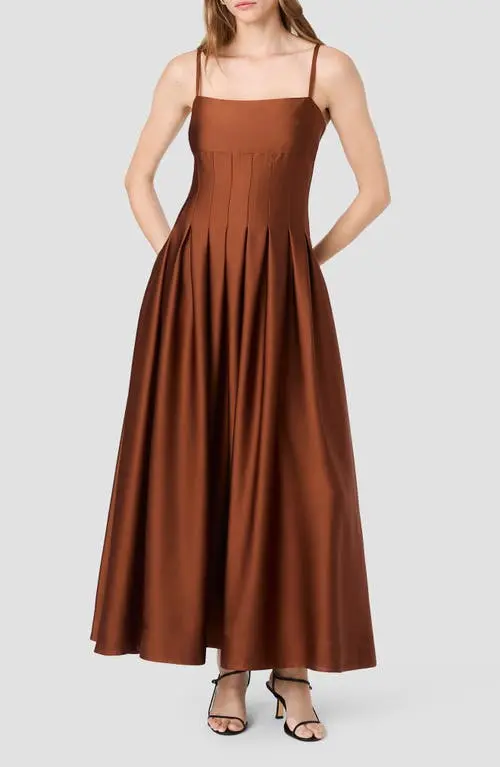 French Connection Pleated Sleeveless Satin Maxi Dress - Chestnut Brown
