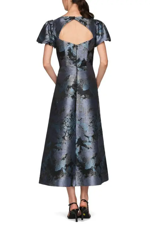 KAY UNGER Jennifer Metallic Puff Sleeve Tea Length Dress