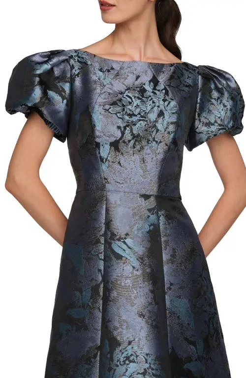 KAY UNGER Jennifer Metallic Puff Sleeve Tea Length Dress