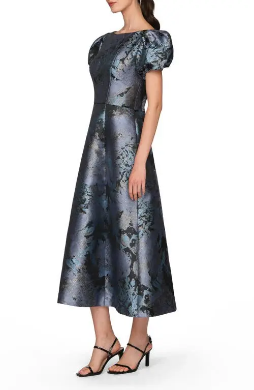 KAY UNGER Jennifer Metallic Puff Sleeve Tea Length Dress