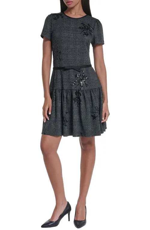 Karl Lagerfeld Paris Plaid Sequin Ponte Minidress - Black Multi