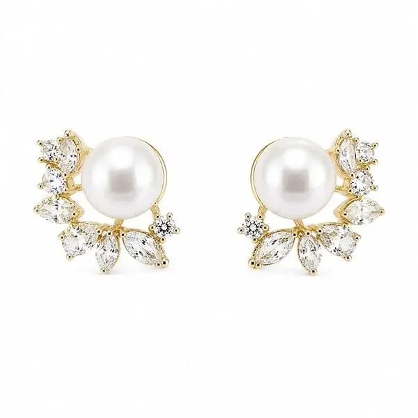 ANGEL BAROCCO Freshwater Pearl Crystal Leaf Stud Earrings - Silver