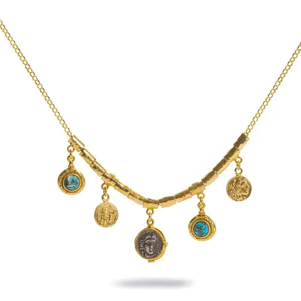 EBRU JEWELRY Gold / Blue Safe Passage Coin & Turquoise Hammered Gold Necklace Gold