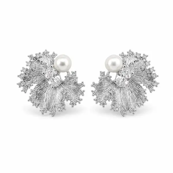 ANGEL BAROCCO Freshwater Pearl Crystal Fan Stud Earrings - Silver