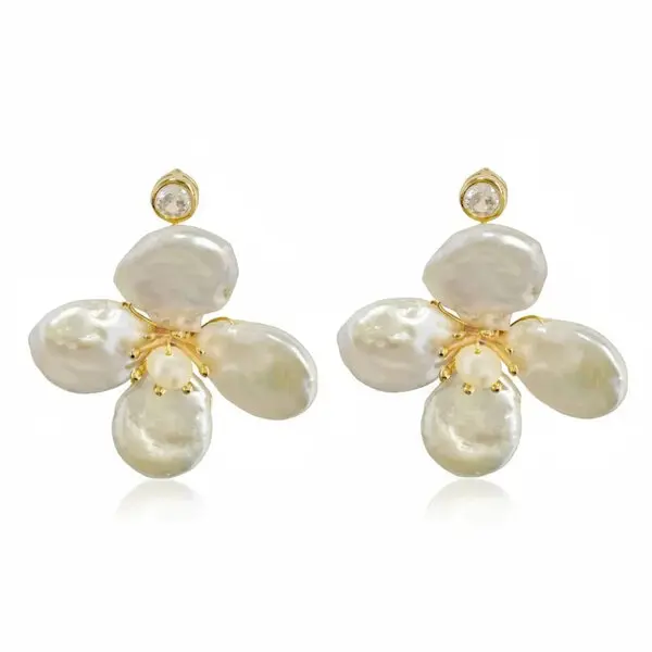 ANGEL BAROCCO Neutrals Baroque Pearls Flowers Earrings - Gray/yellow