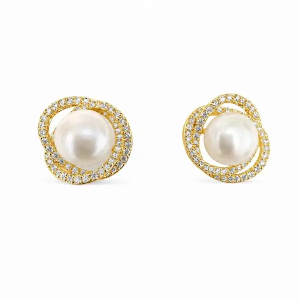 ANGEL BAROCCO Freshwater Pearl Double Halo Stud Earrings - Gold