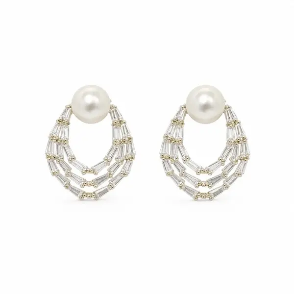 ANGEL BAROCCO Freshwater Pearl Baguette Crystal Stud Earrings - Gold