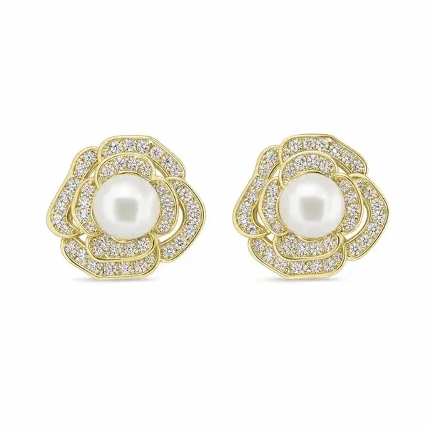 ANGEL BAROCCO Crystal Rose Freshwater Pearl Stud Earrings - Gold