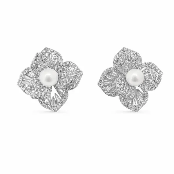 ANGEL BAROCCO Freshwater Pearl Crystal Flower Stud Earrings - Silver