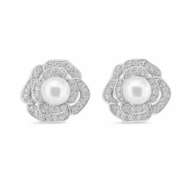 ANGEL BAROCCO Crystal Rose Freshwater Pearl Stud Earrings - Silver