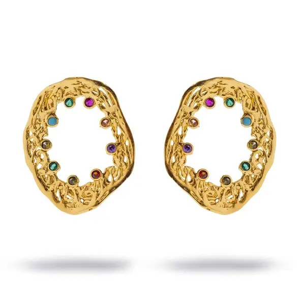 EBRU JEWELRY Mosaic Of Light Multicolor Gemstone Filigree Oval Earrings - Gold
