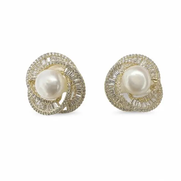 ANGEL BAROCCO Freshwater Pearl Crystal Swirl Stud Earrings - Gold