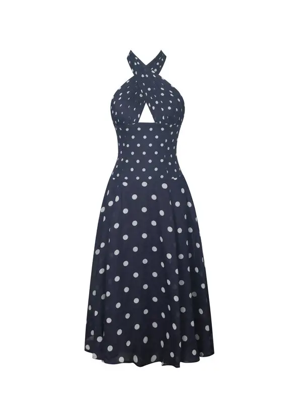 MISS CIRCLE NEW YORK Nuri Navy Polka Dot Ramie Crossover Halter A-line Midi Dress - Blue