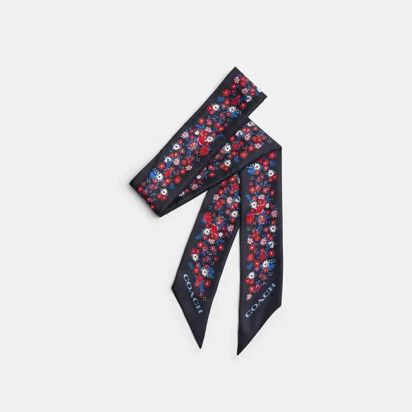 COACH Signature Posey Cluster Print Silk Skinny Scarf - Navy Multi