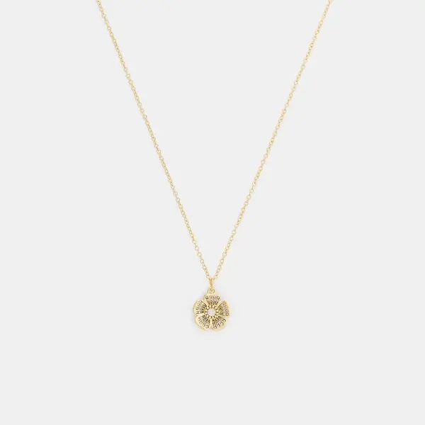 COACH Pavé Tea Rose Pendant Necklace - Gold/clear
