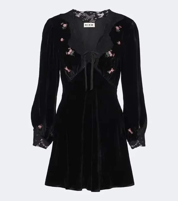 Rixo Carolina Lace-trimmed Velvet Minidress