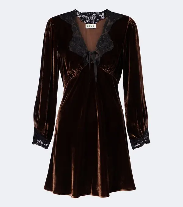 Rixo Carolina Lace-trimmed Velvet Minidress - Brown