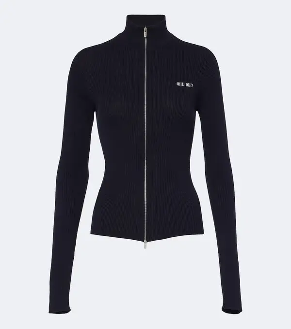 Miu Miu Logo Ribbed-knit Cotton Zip-up Sweater