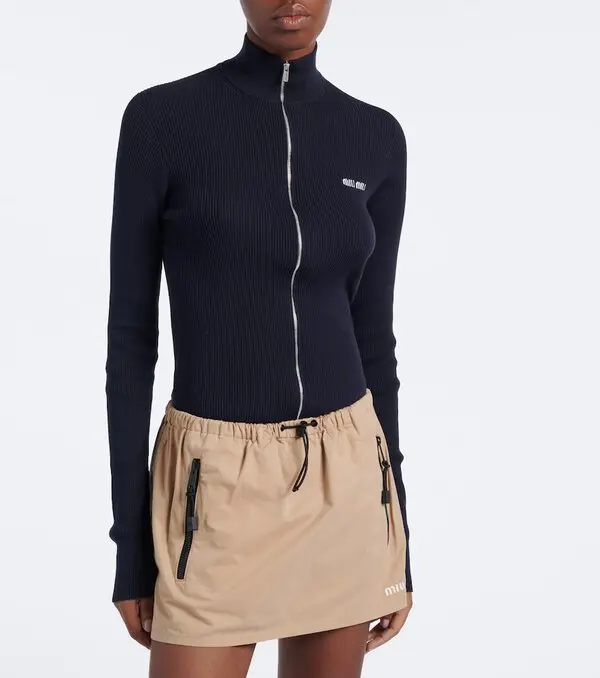 Miu Miu Logo Ribbed-knit Cotton Zip-up Sweater