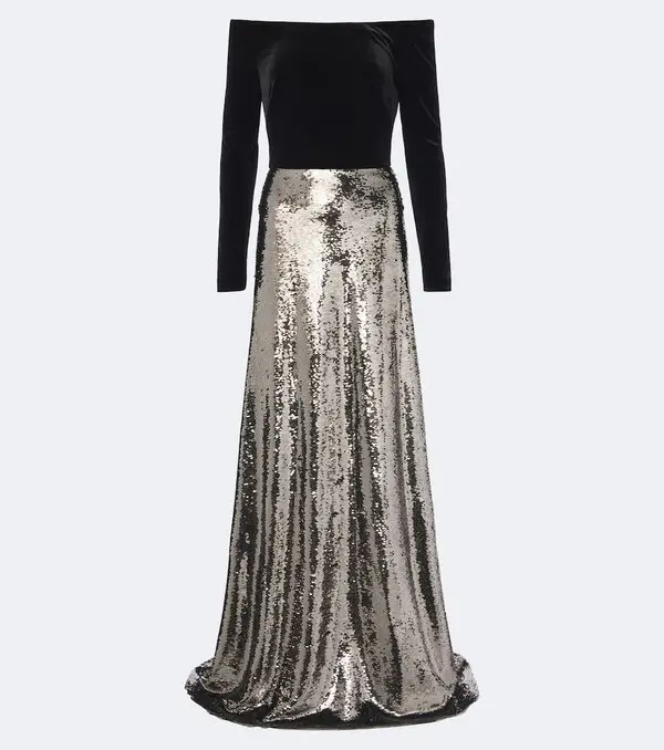 Monique Lhuillier Sequined Velvet-paneled Off-shoulder Gown - Black