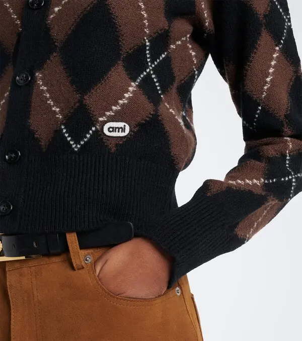 AMI Paris Argyle Virgin Wool Cardigan - Brown
