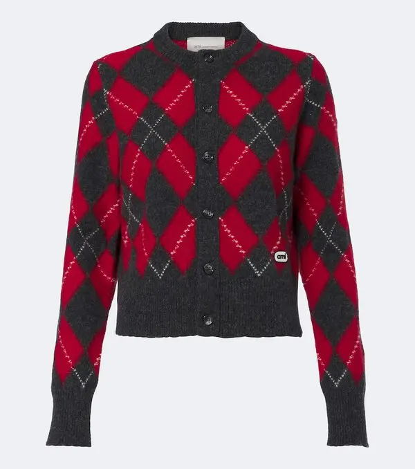 AMI Paris Argyle Virgin Wool Cardigan - Grey