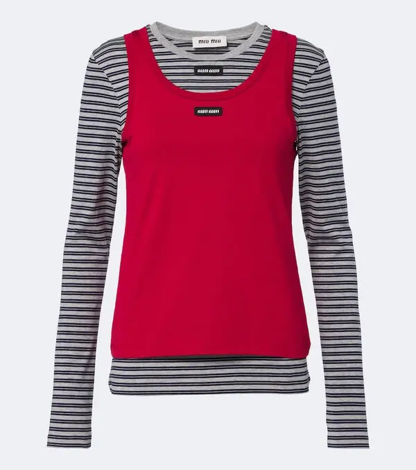 Miu Miu Layered Striped Cotton Jersey T-shirt - Grey