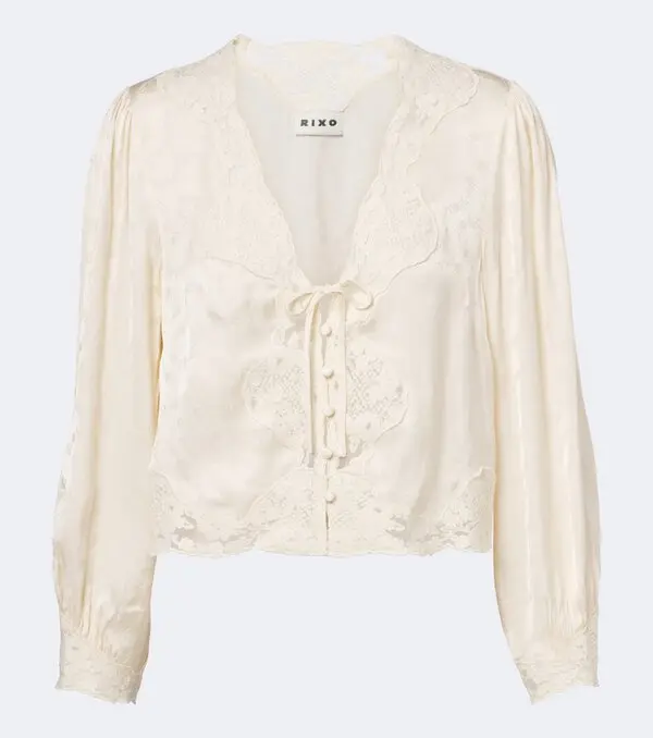 Rixo Tove Embroidered Floral Satin Blouse