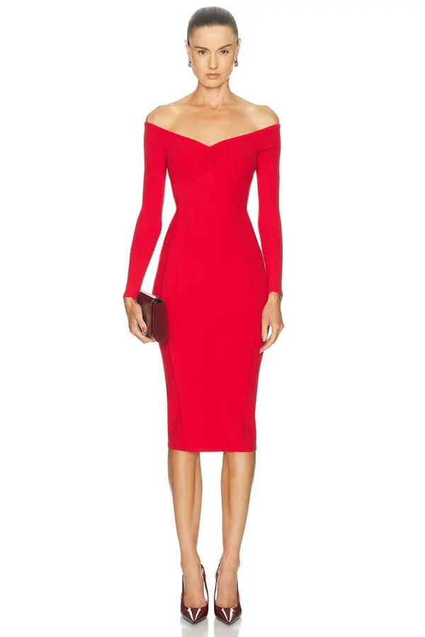 FLEUR DU MAL Hourglass Rib Midi Dress In Red - Rouge