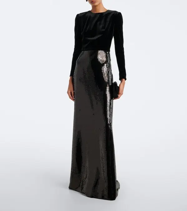 Monique Lhuillier Sequined Velvet-paneled Gown