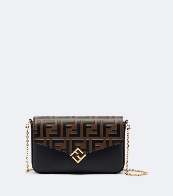 Fendi Ff Diamonds Leather Wallet On Chain - Black