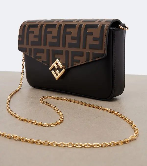 Fendi Ff Diamonds Leather Wallet On Chain - Black
