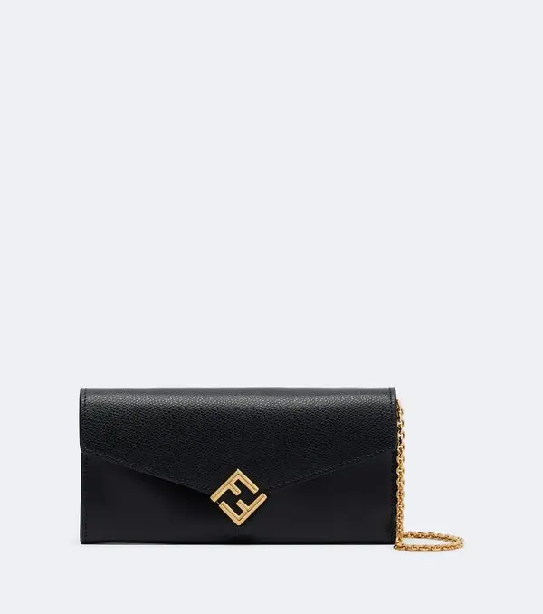 Fendi Ff Diamonds Leather Wallet On Chain - Black