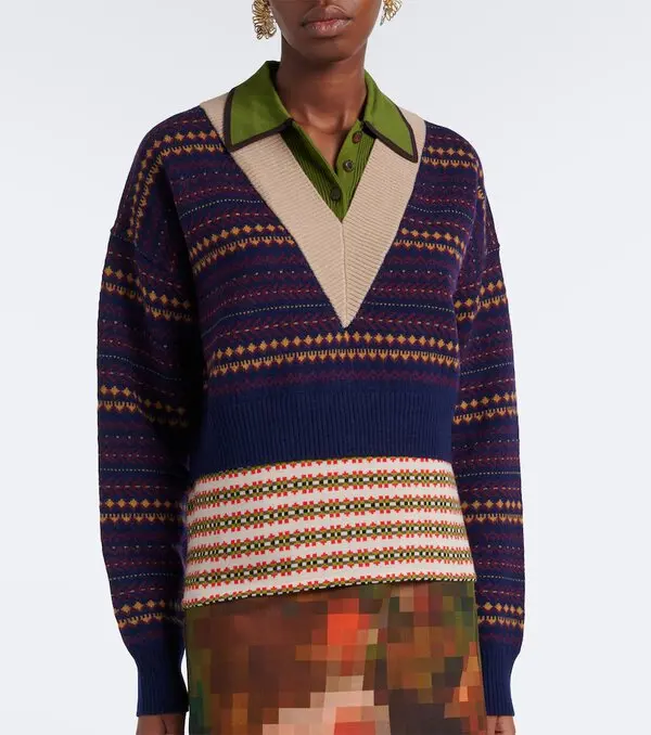 Dries Van Noten Jacquard Wool-blend Polo Sweater - Multicoloured