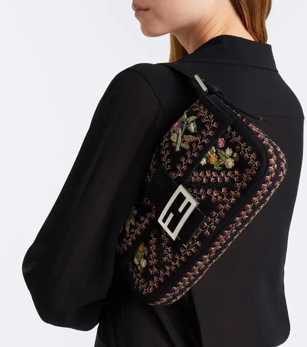 Fendi Baguette® 26424 Floral Suede Shoulder Bag