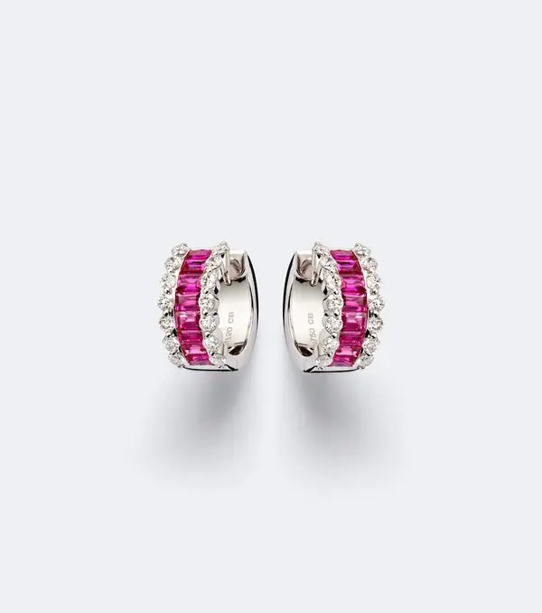 BUCHERER FINE JEWELLERY Baguette Love 18kt White Gold Hoop Earrings With Rubies And Diamonds - Silver
