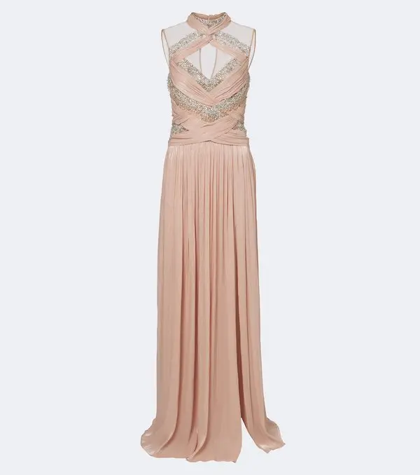 Costarellos Avalia Draped Embellished Georgette Bustier Gown