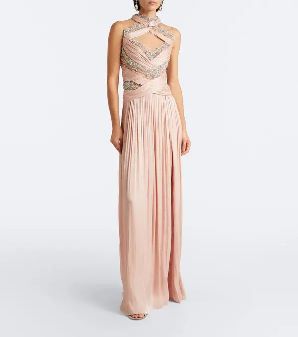 Costarellos Avalia Draped Embellished Georgette Bustier Gown
